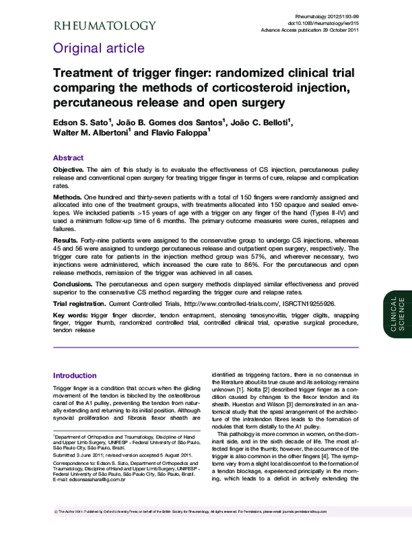 (PDF) Treatment of trigger finger: randomized clinical trial comparing ...
