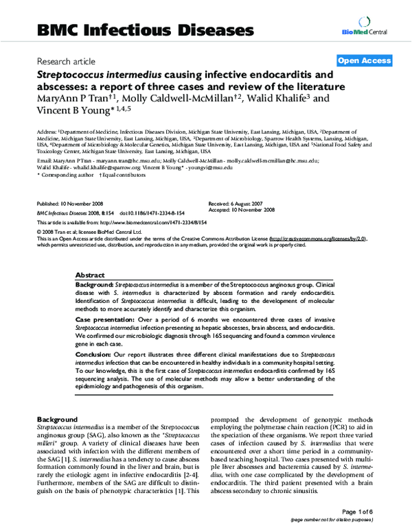(PDF) Streptococcus intermedius causing infective endocarditis and abscesses: a report of three ...