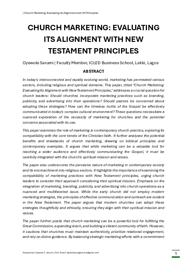 (PDF) CHURCH MARKETING - EVALUATING ITS ALIGNMENT WITH NEW TESTAMENT ...