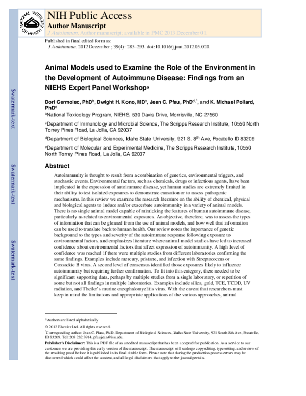 (PDF) Animal models used to examine the role of the environment in the ...
