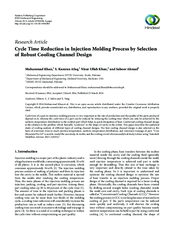 (PDF) Cycle Time Reduction in Injection Molding Process by Selection of Robust Cooling Channel ...