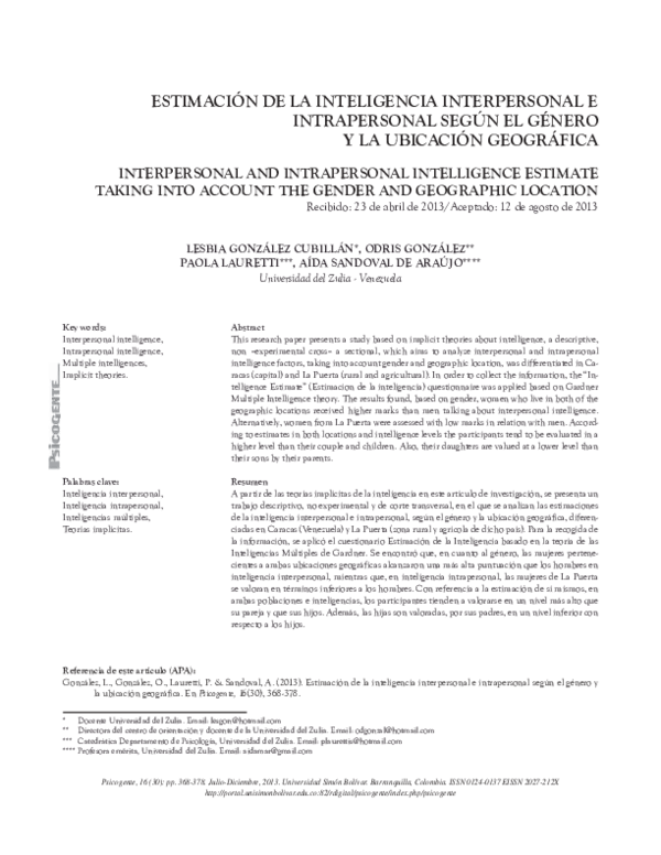 (PDF) Estimación De La Inteligencia Interpersonal e Intrapersonal Según El Género y La Ubicación ...