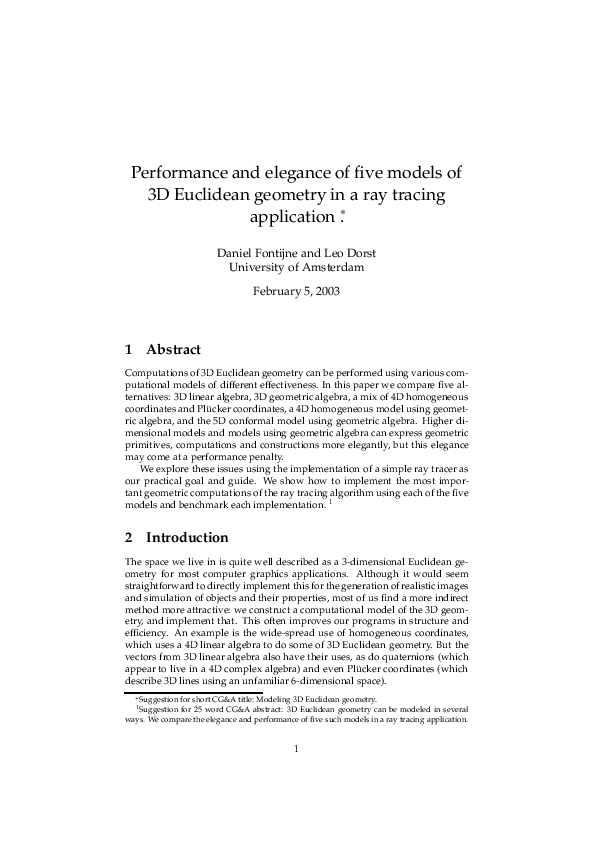 Pdf Performance And Elegance Of Five Models Of 3d Euclidean Geometry In A Ray Tracing Application
