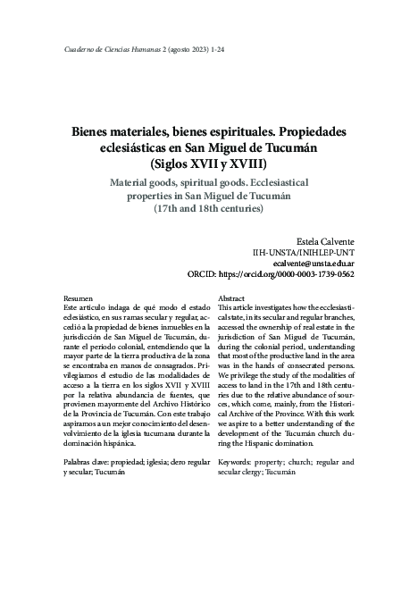 (PDF) Bienes materiales, bienes espirituales. Propiedades eclesiásticas en San Miguel de Tucumán ...