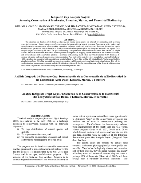 (PDF) Integrated gap analysis project: Assessing conservation of freshwater, estuarine, marine ...