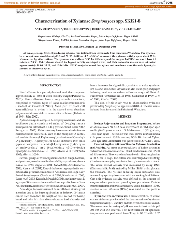 (PDF) Characterization of Xylanase Streptomyces spp. SKK1-8 | Yulin Lestari - Academia.edu