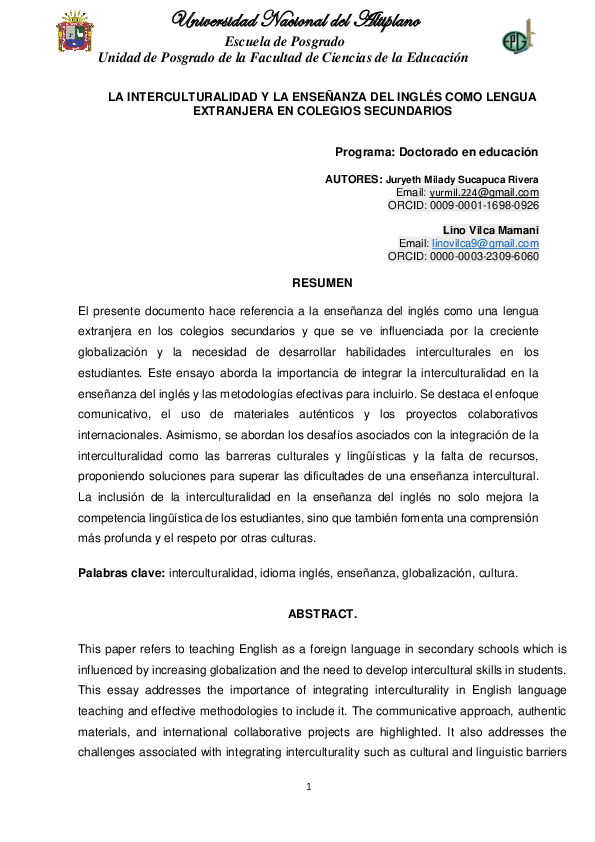 (PDF) La Interculturalidad y la ensenanza del Ingles como lengua extranjera en colegios secundarios