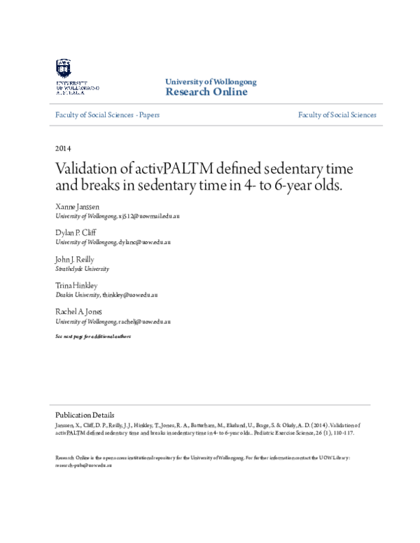 (PDF) Validation of activPAL Defined Sedentary Time and Breaks in Sedentary Time in 4- to 6-Year ...