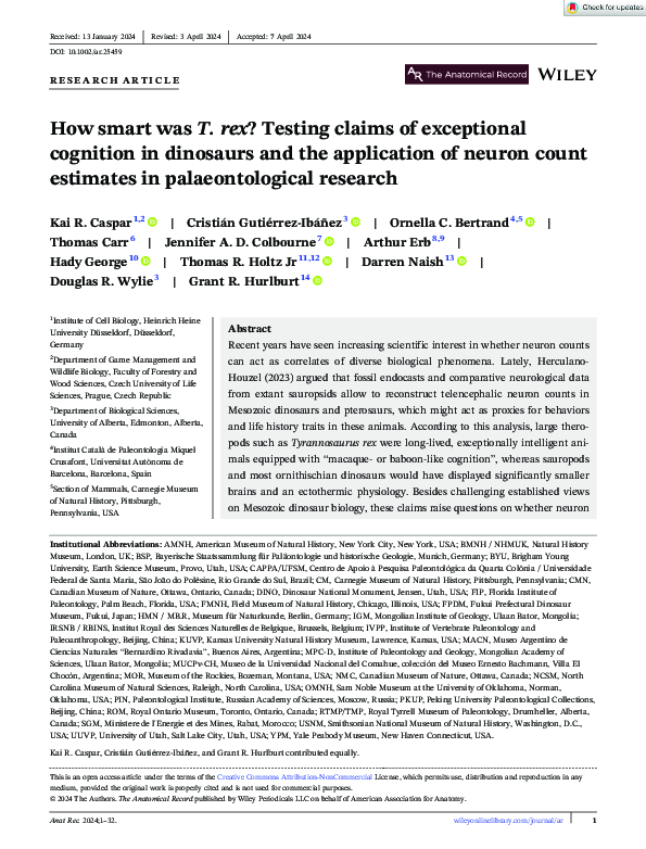 (PDF) How smart was T. rex? Testing claims of exceptional cognition in ...