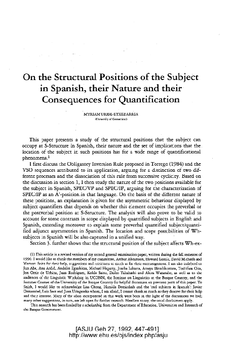 (PDF) On the structural positions of the subject in Spanish, their ...