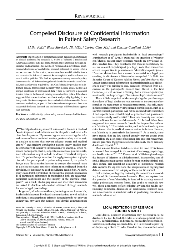 (PDF) Compelled Disclosure of Confidential Information in Patient ...