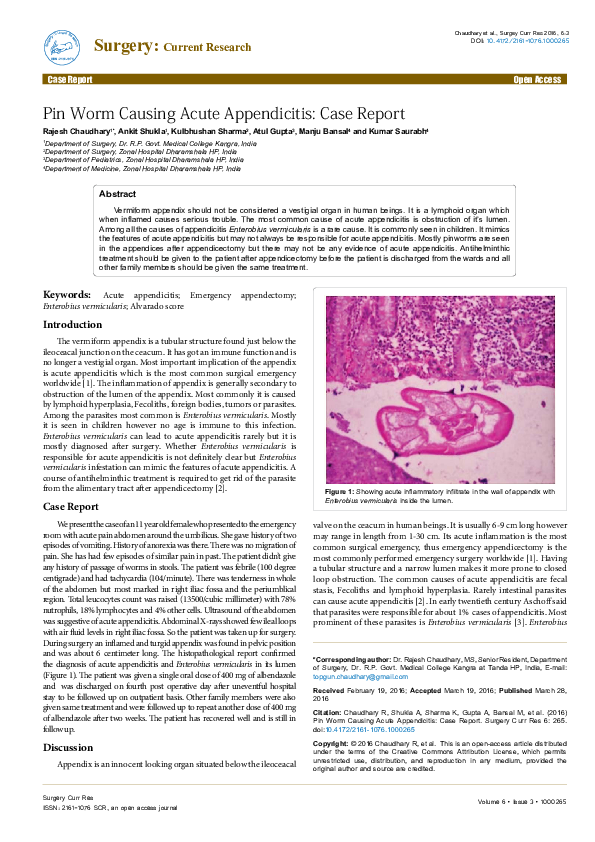 (PDF) Pin Worm Causing Acute Appendicitis: Case Report