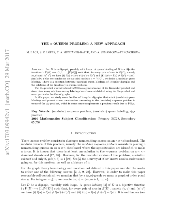 (PDF) The $n$-queens problem: a new approach