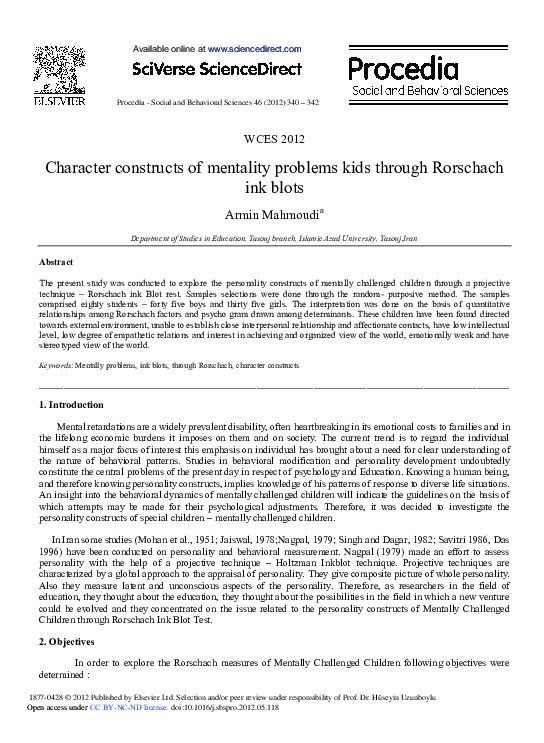 (PDF) Character Constructs of Mentality Problems kids Through Rorschach Ink Blots