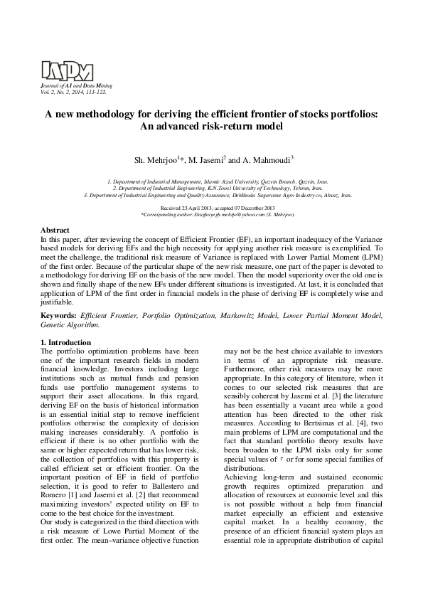 (PDF) A new methodology for deriving the efficient frontier of stocks ...