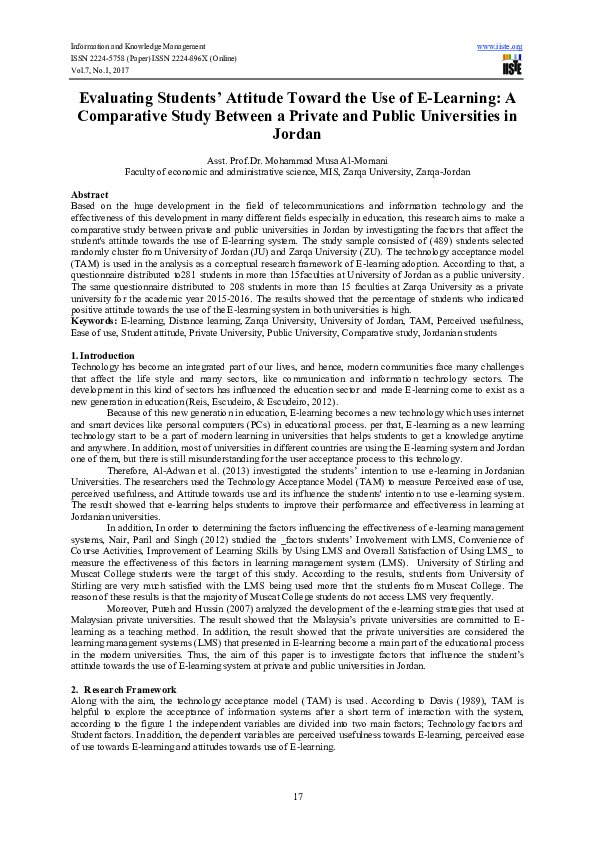 (PDF) Evaluating Students’ Attitude Toward the Use of E-Learning: A Comparative Study Between a ...