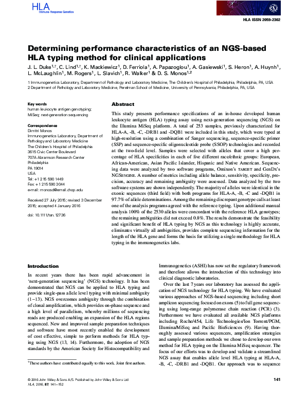 Pdf Determining Performance Characteristics Of An Ngs Based Hla Typing Method For Clinical
