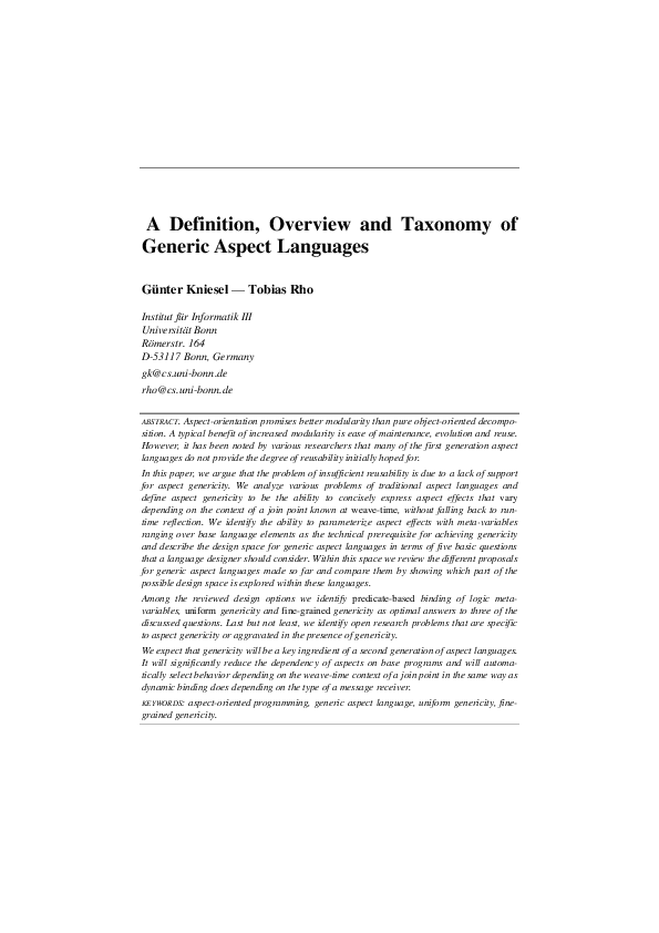 (PDF) A Definition, Overview and Taxonomy of Generic Aspect Languages