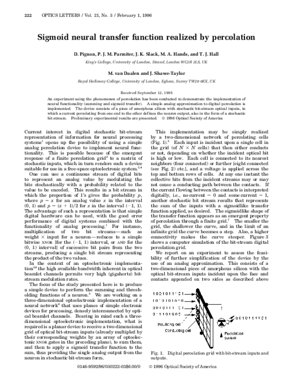 (PDF) Sigmoid neural transfer function realized by percolation
