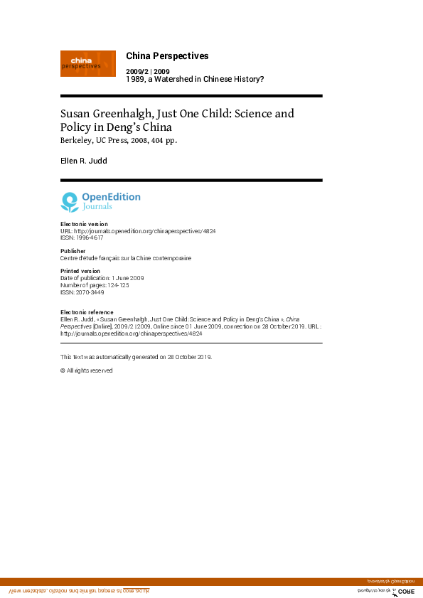 (PDF) Susan Greenhalgh, Just One Child: Science and Policy in Deng’s China