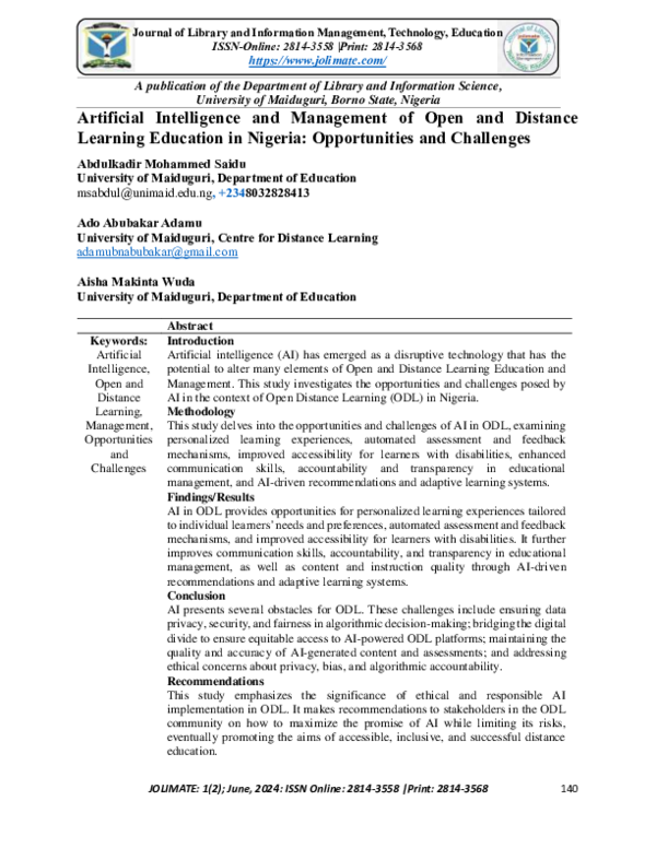 (PDF) Artificial Intelligence and Management of Open and Distance Learning Education in Nigeria ...
