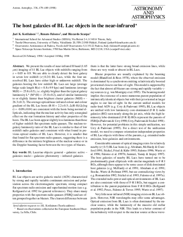 (PDF) The host galaxies of BL Lac objects in the near--infrared