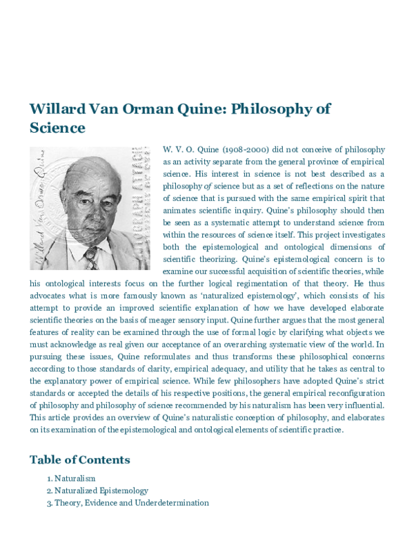 (PDF) Willard Van Orman Quine: Philosophy of Science