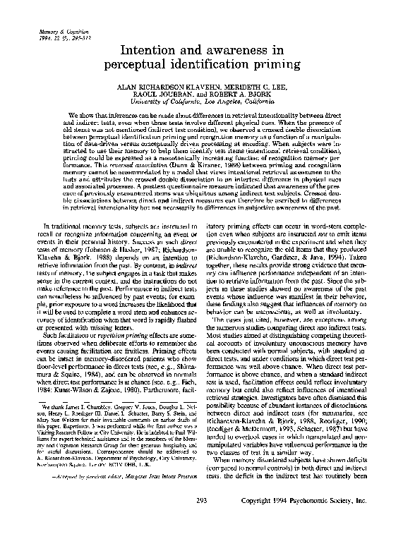 (PDF) Intention and awareness in perceptual identification priming