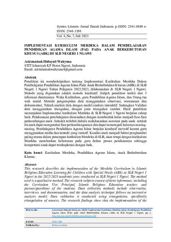 (PDF) Implementasi Kurikulum Merdeka dalam Pembelajaran Pendidikan Agama Islam (Pai) pada Anak ...
