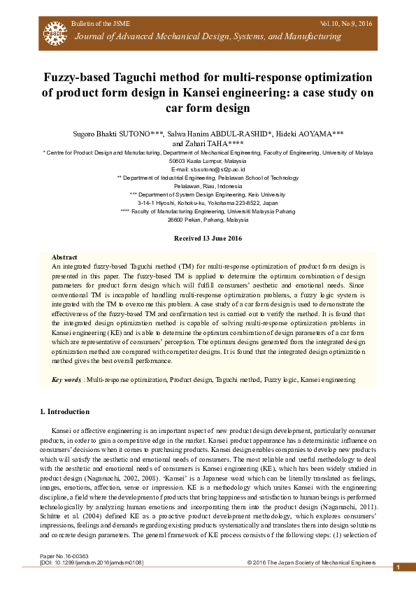 (PDF) Fuzzy-based Taguchi method for multi-response optimization of product form design in ...