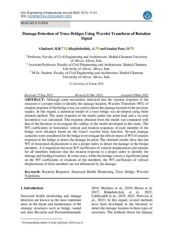 (PDF) Damage Detection of Truss Bridges Using Wavelet Transform of Rotation Signal