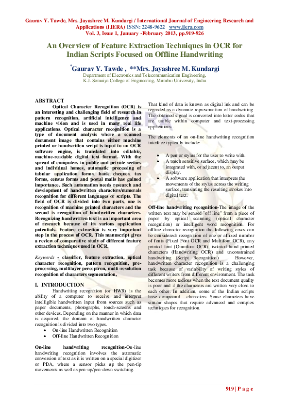 Pdf An Overview Of Feature Extraction Techniques In Ocr For Indian