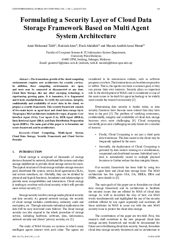 Pdf Formulating A Security Layer Of Cloud Data Storage Framework Based On Multi Agent System