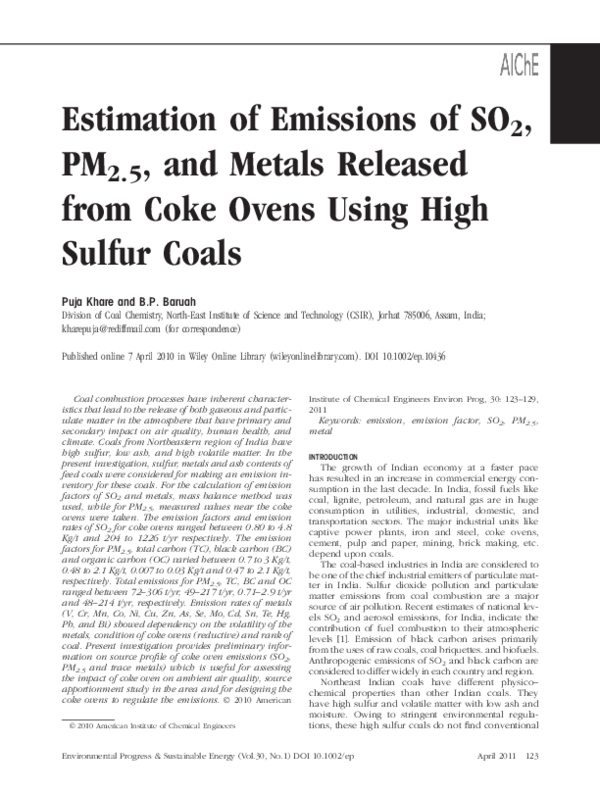 (PDF) Estimation of emissions of SO2, PM2.5, and metals released from coke ovens using high ...