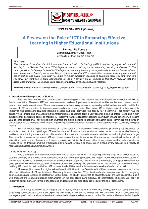 (PDF) A Review on the Role of ICT in Enhancing Effective Learning in ...