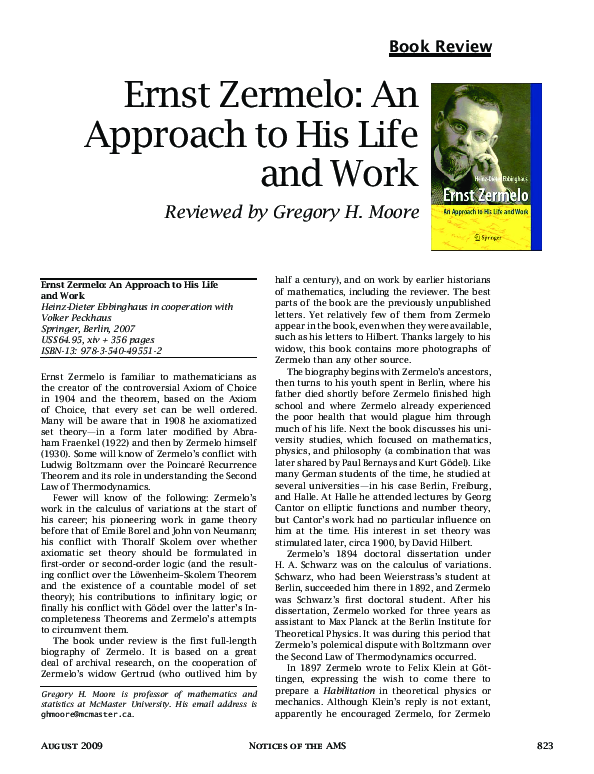 (PDF) Ernst Zermelo. An Approach to his Life and Work