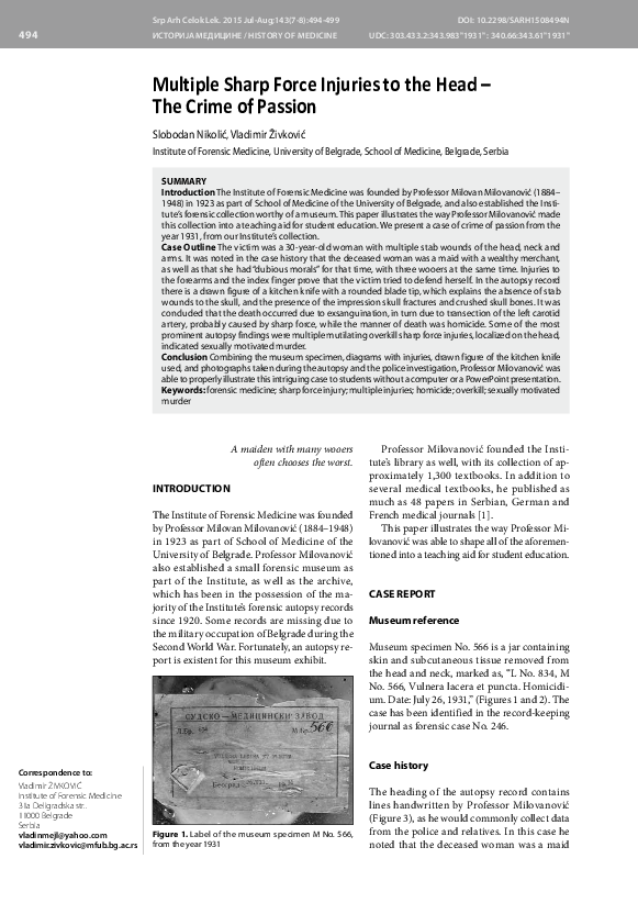 (PDF) Multiple sharp force injuries to the head - the crime of passion