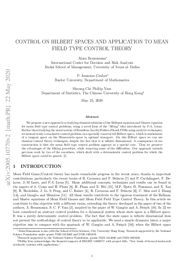 (PDF) Control on Hilbert Spaces and Application to Mean Field Type Control Theory