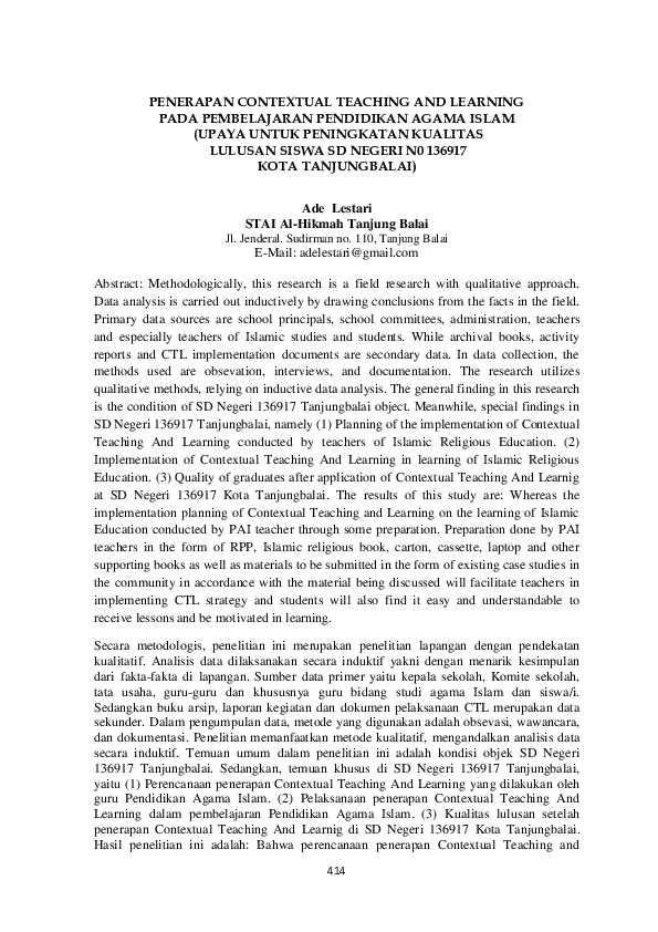 (PDF) Penerapan Contextual Teaching and Learning Pada Pembelajaran Pendidikan Agama Islam (Upaya ...