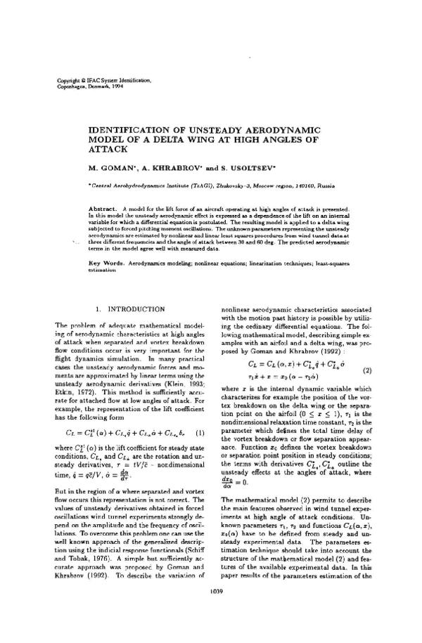 (PDF) Identification of unsteady aerodynamic model of a delta wing at ...