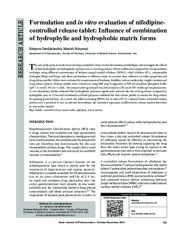 Pdf Formulation And In Vitro Evaluation Of Nifedipine Controlled Release Tablet Influence Of