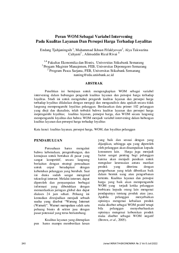 (PDF) Peran WOM Sebagai Variabel Intervening Pada Kualitas Layanan Dan ...