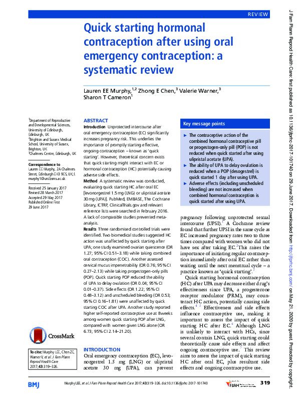 (PDF) Quick starting hormonal contraception after using oral emergency ...