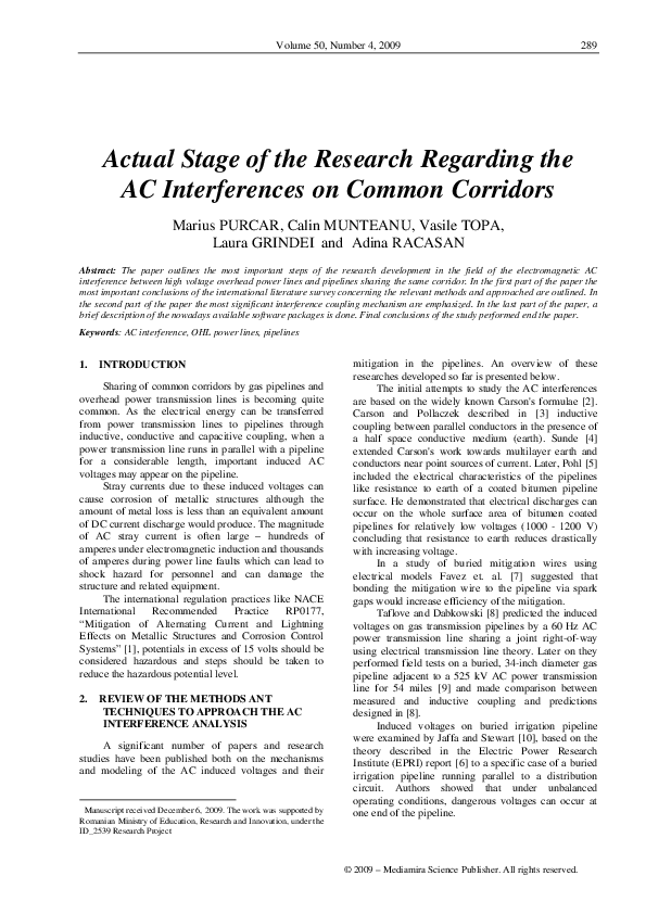 (PDF) Actual Stage of the Research Regarding the AC Interferences on ...