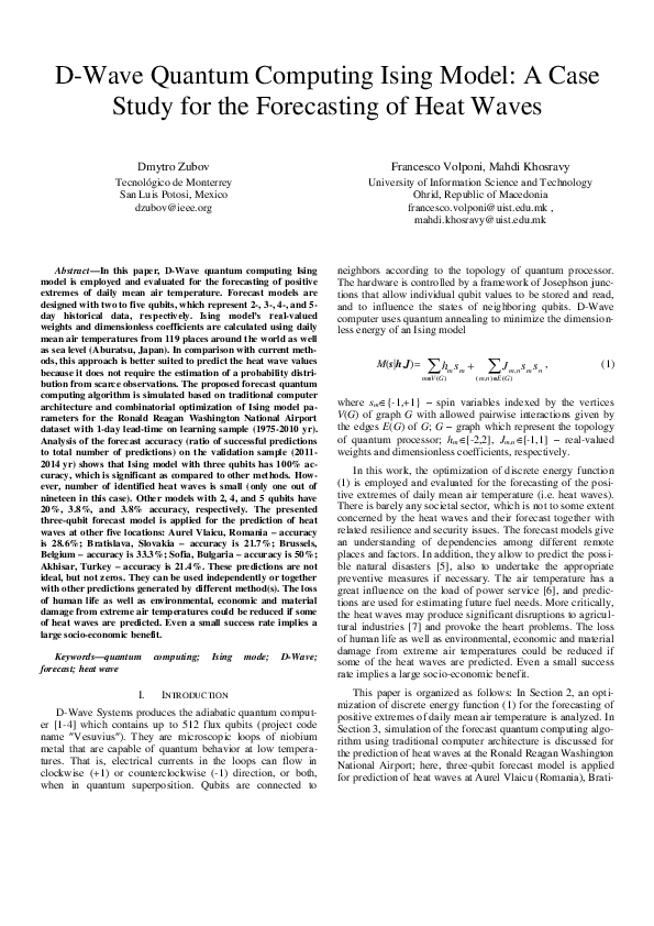 (PDF) D-Wave Quantum Computing Ising Model: A Case Study for the Forecasting of Heat Waves
