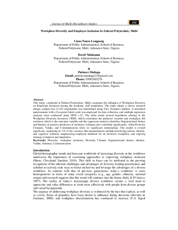 (PDF) Workplace Diversity and Employee Inclusion In Federal Polytechnic, Mubi