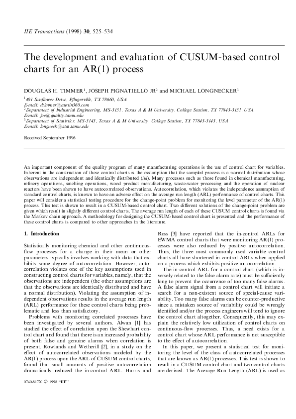 (PDF) The development and evaluation of CUSUM-based control charts for an AR(1) process