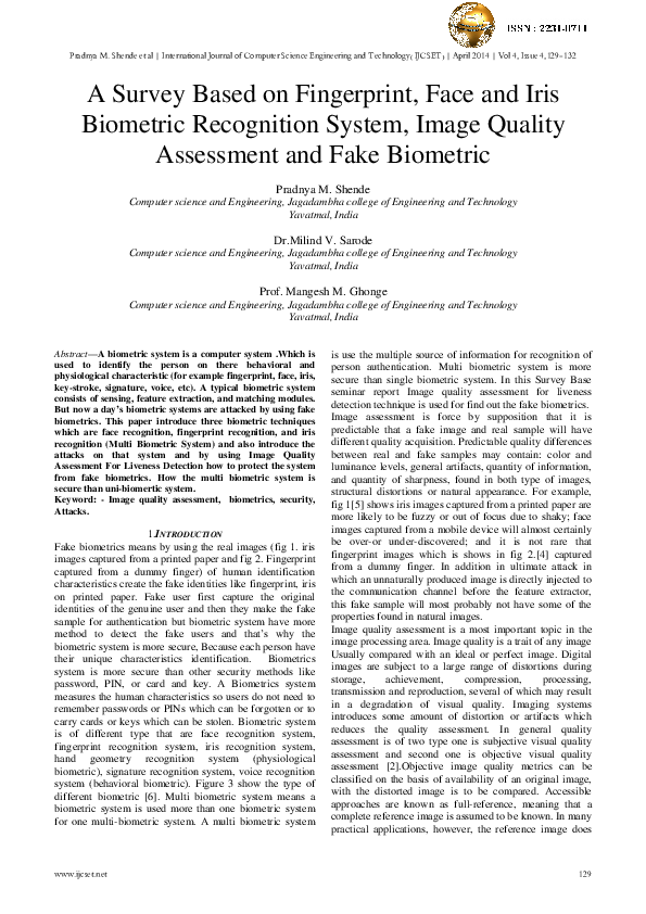 (PDF) A Survey Based on Fingerprint , Face and Iris Biometric Recognition System , Image Quality ...