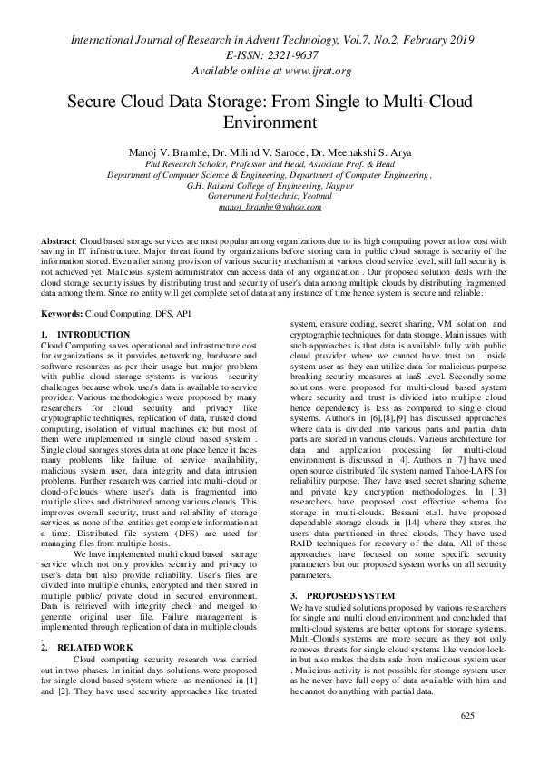 (PDF) Secure Cloud Data Storage: From Single to Multi-Cloud Environment