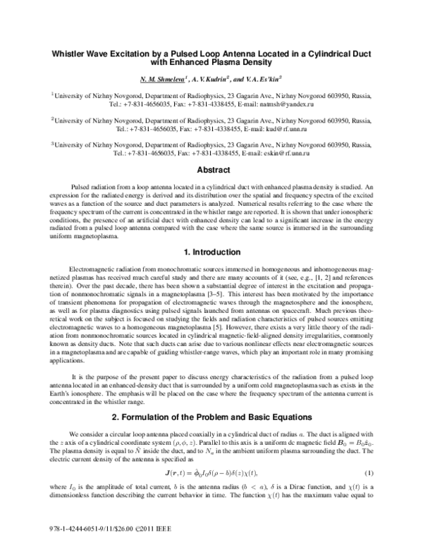 (PDF) Whistler wave excitation by a pulsed loop antenna located in a cylindrical duct with ...